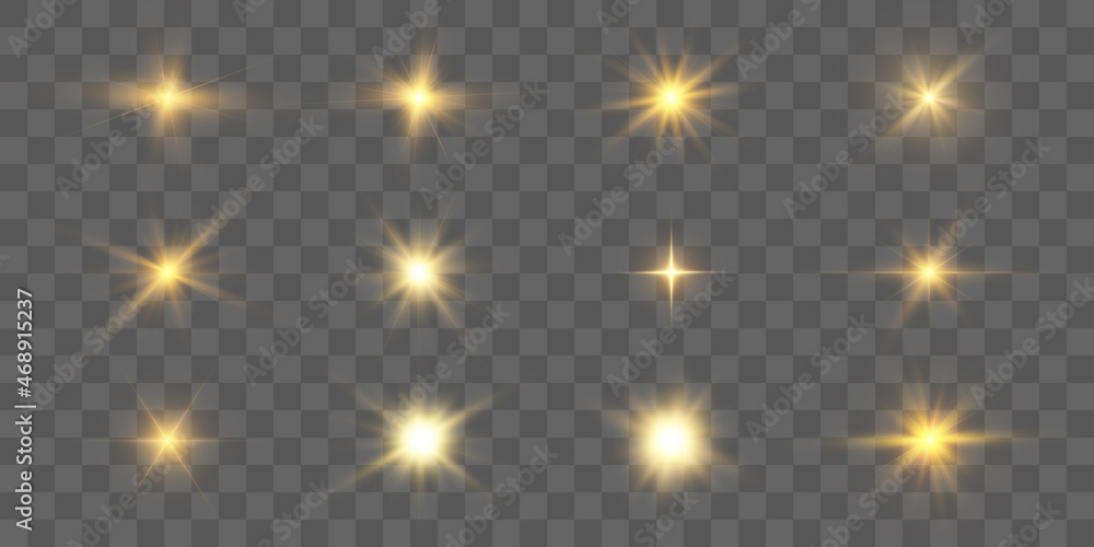 Realistic collection of bright light effects, sparkling stars on a transparent background ...