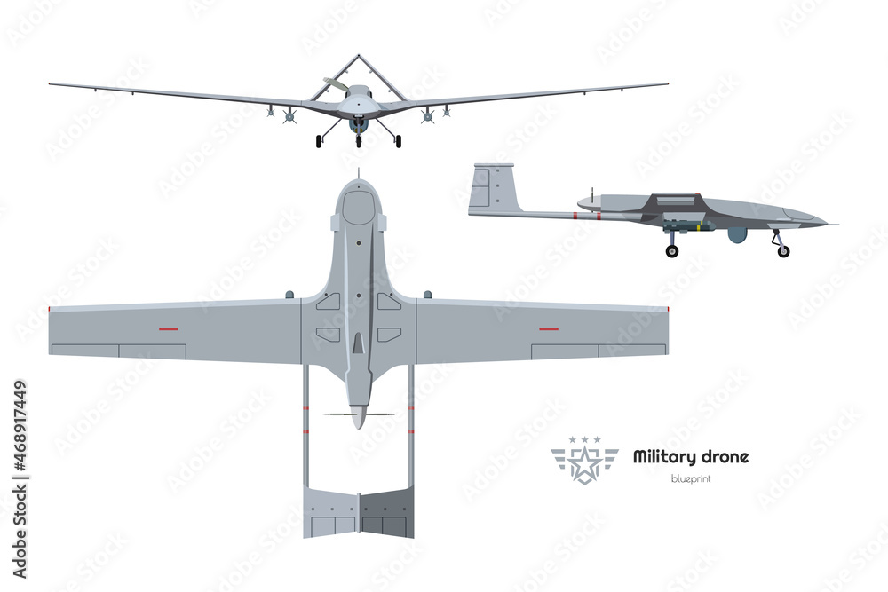 Military drone top, side, front view. Isolated 3d army plane. Modern ...