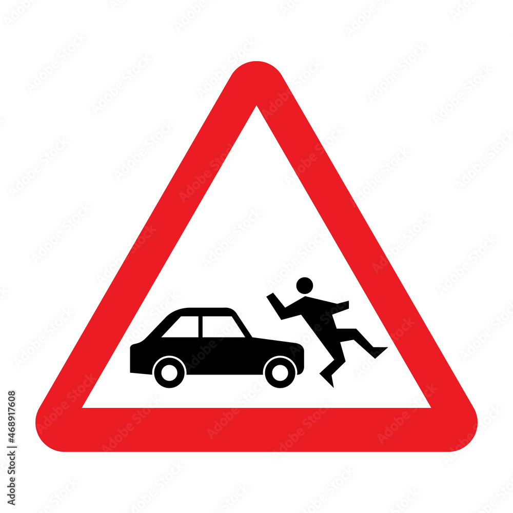 Accident with pedestrian warning sign. Vector illustration of red ...