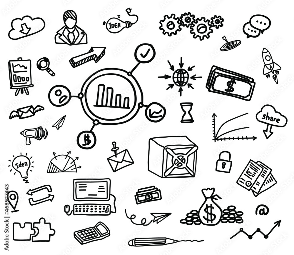 Hand drawn set of business and finance elements, coin, calculator ...
