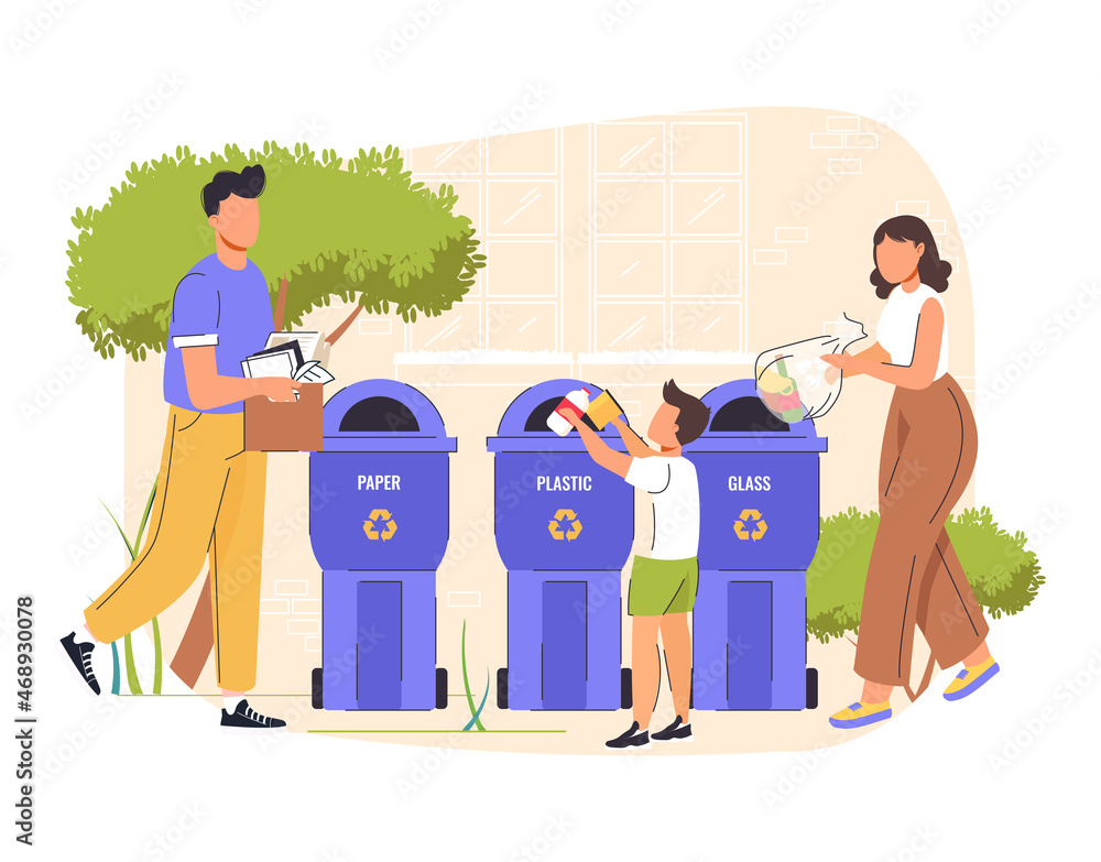 Set of cute funny people putting rubbish in trash bins, dumpsters or ...