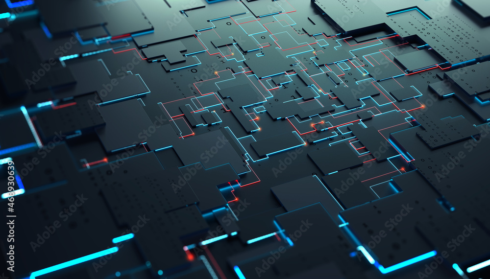 Cyber architecture 3D illustration. Nano, neuro technologies, internet ...