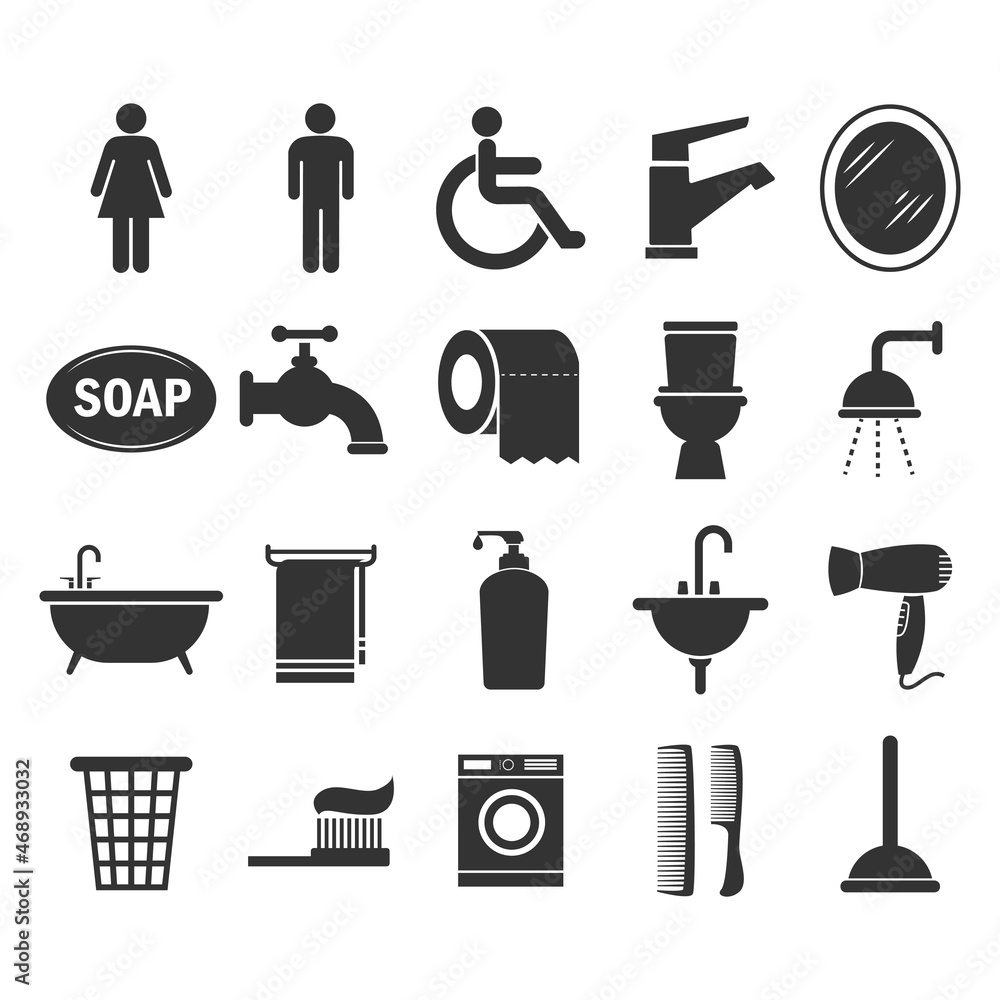 Toilet icon set isolated on white background. black restroom wc sign ...