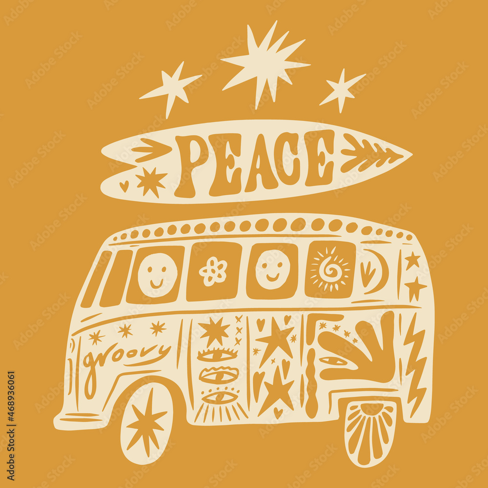 Surfing camp summer hippie groovy surf boho naive funky handdrawn style ...