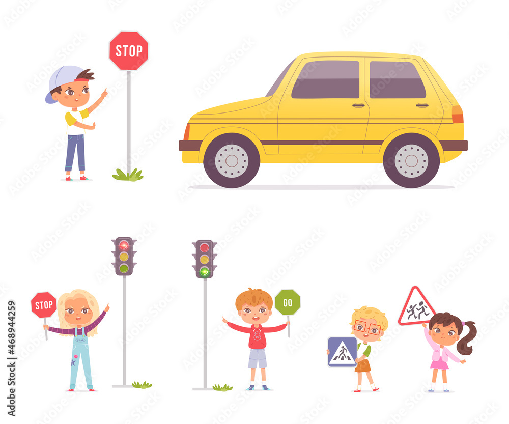 Group of preschool children studying traffic rules, holding road signs ...