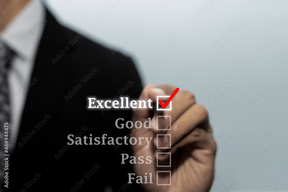 Feedback. investor hand checking mark on checklist box on digital ...