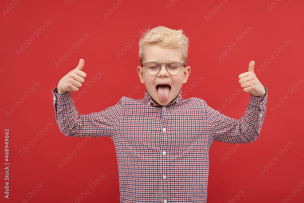 Emotions, good mood, vision test, health project. Happy child shows ...