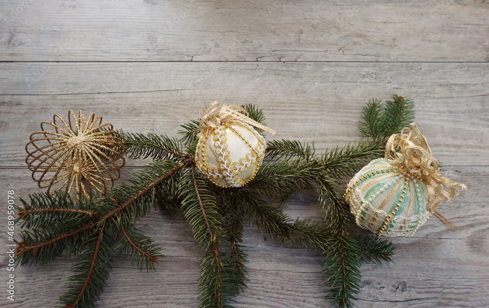 Evergreen Limbs on Weathered Wood Panel with Metallic Gold Aqua White ...