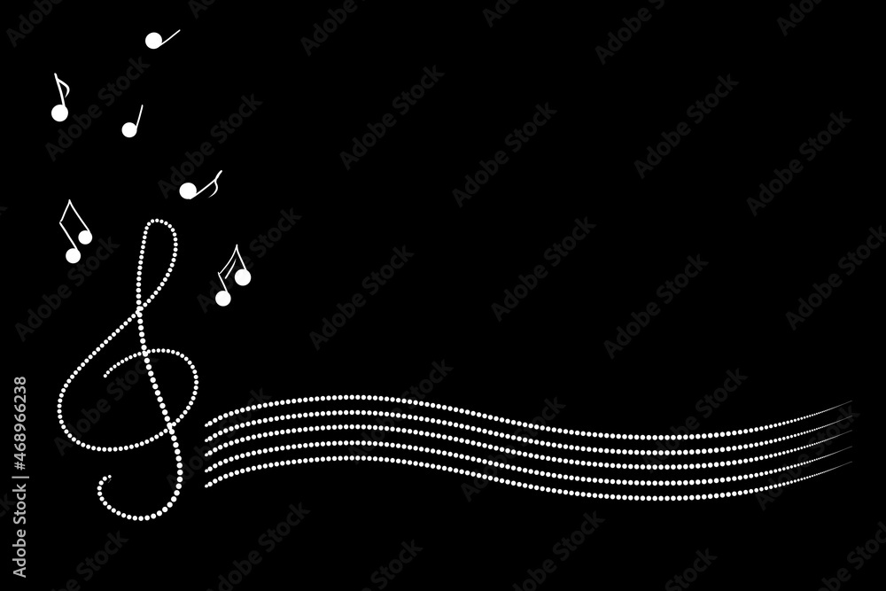 white treble clef, falling notes and stave on black background copy ...