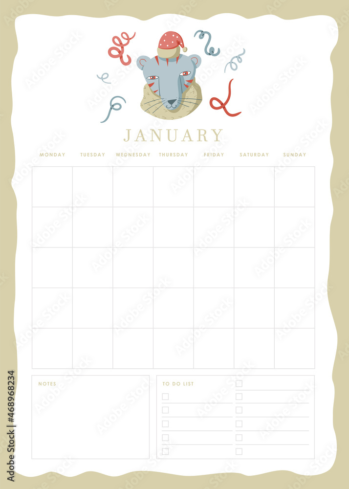 Cute vertical vector undate empty January planner temple page with ...