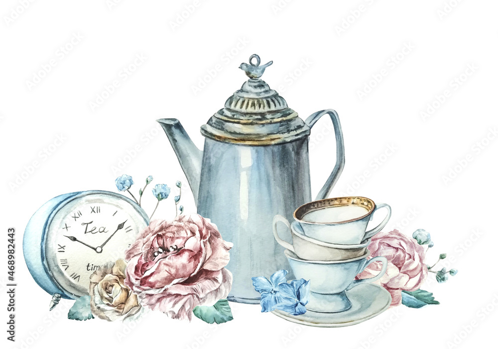 Watercolor composition of teapot, cups, table clock and pink and blue ...