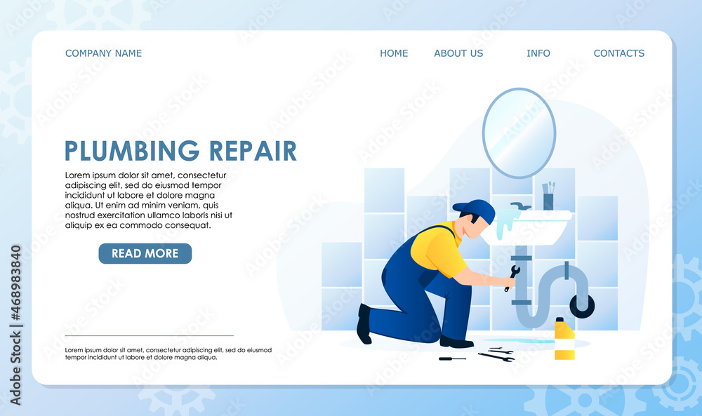 Plumbing repair service worker in blue overall fix clogged water pipe ...