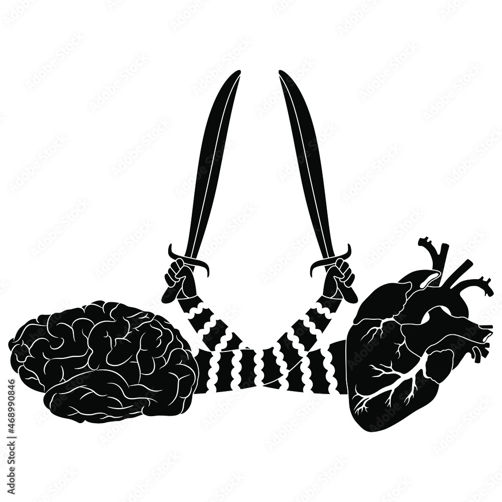 Human heart and brain fighting with swords. Creative concept. Conflict ...