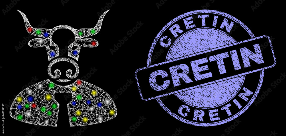 Glossy polygonal mesh net bull chief icon with glare effect on a black ...