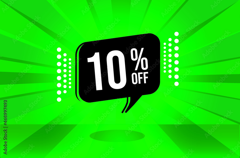 10 percent discount. Green banner with floating balloon for promotions ...