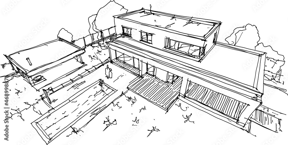 hand drawn architectural sketches of modern one story detached house ...