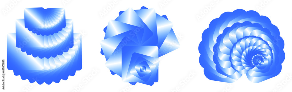 Blue flat elements are layered, stacked and wound in a spiral. Set of ...