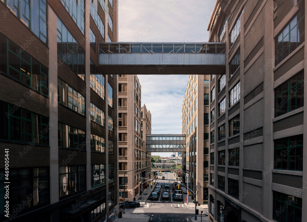 Pedestrian Metal Bridge City building. Sky bridge between two buildings ...