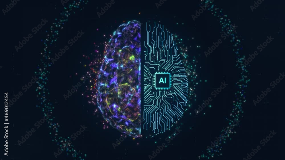 Artificial intelligence brain animation. Futuristic human brain interface concept. Robotic ...