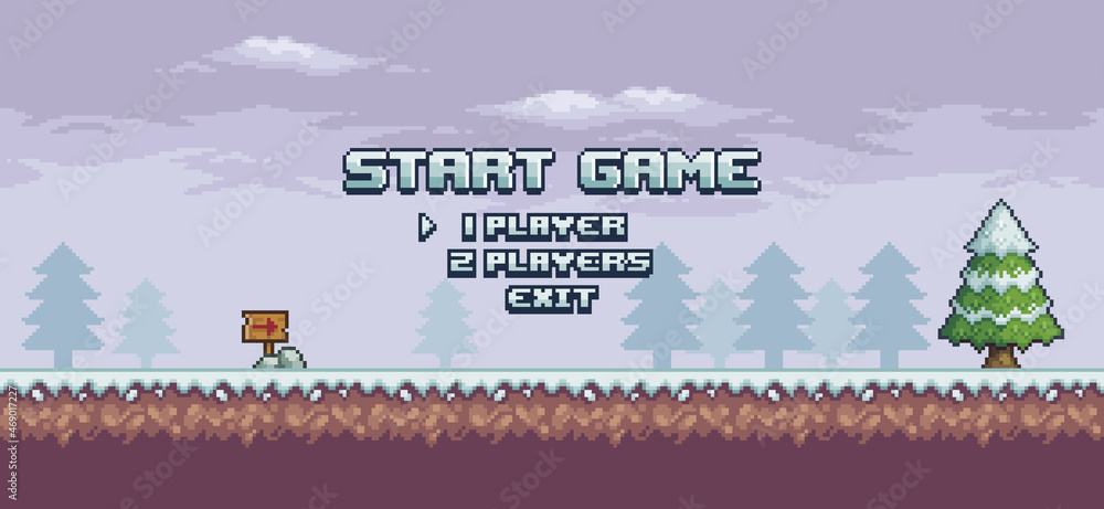 Pixel art 8bit game home screen. Landscape start game menu background ...