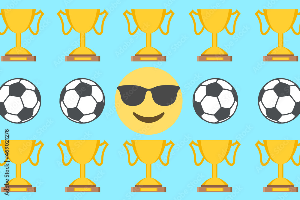sport pattern with trophy,soccer ball and cool face emoji on light blue ...
