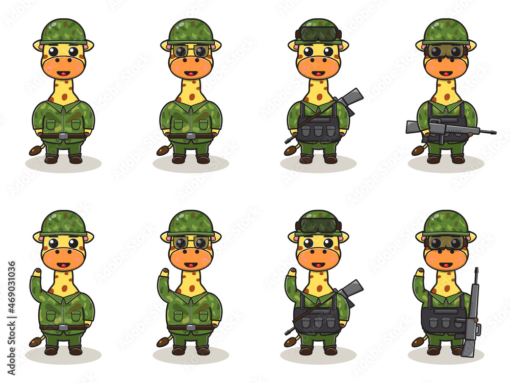 Cute Giraffe Army cartoon. Set of Animal soldiers. flat animal cartoon ...