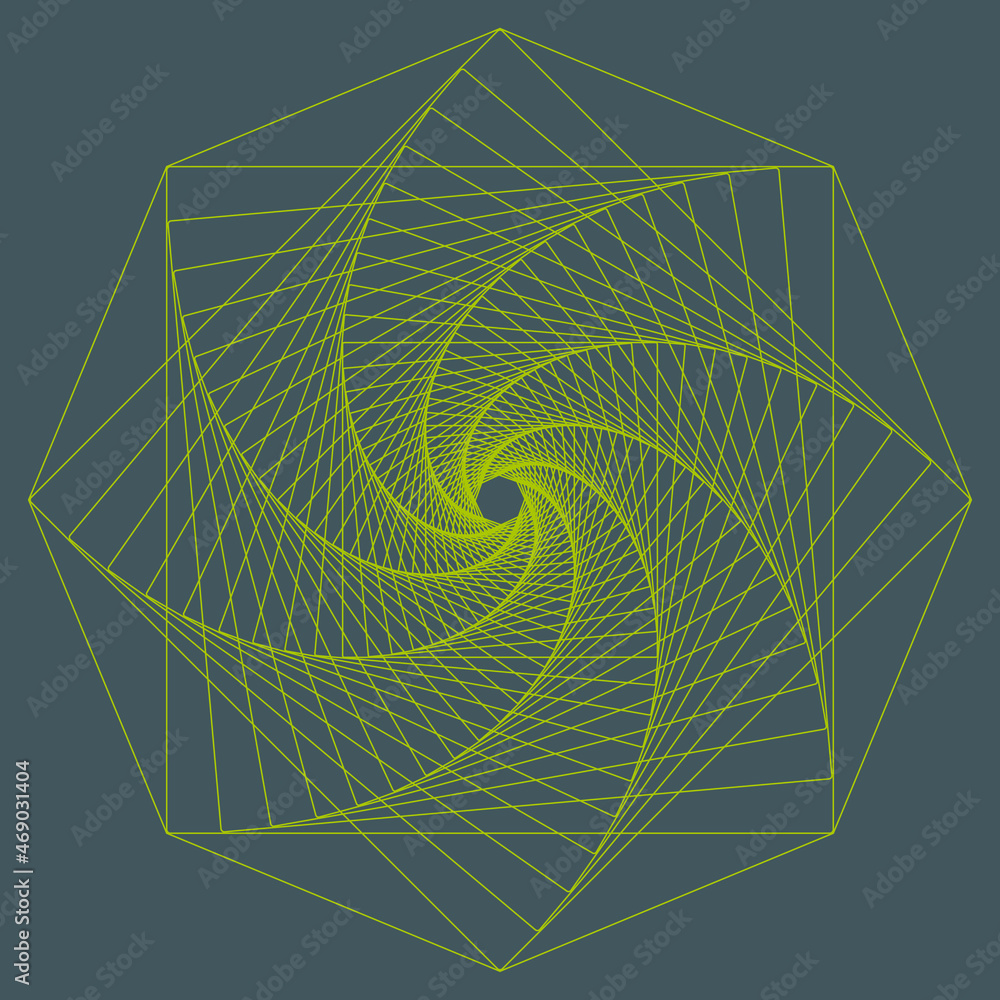 Geometric spirograph line art pattern from overlapping squares in a spiral inside an octagon ...