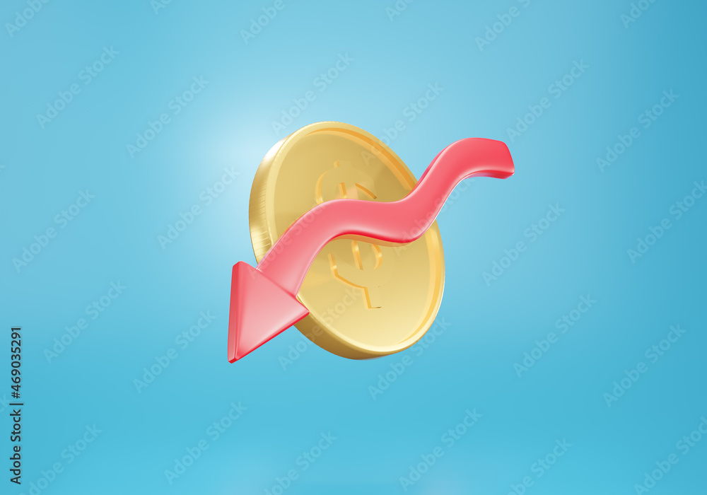Down arrow with dollar sign in 3d icon. Financial concept with golden ...