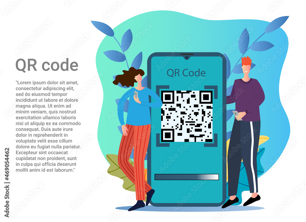 QR code.People on the background of a large smartphone with a QR code ...