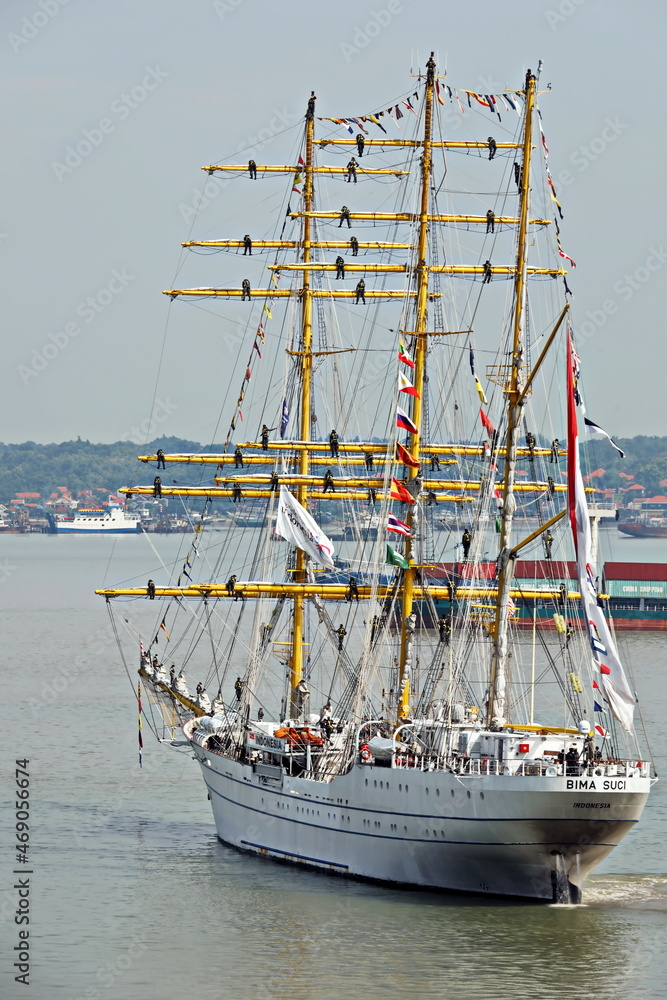 Surabaya, Indonesia, 01,January,2021. The navy sailing ship performs ...