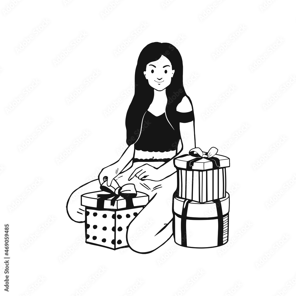 girl open gift boxes. woman open gift box vector image. girl sitting on ...