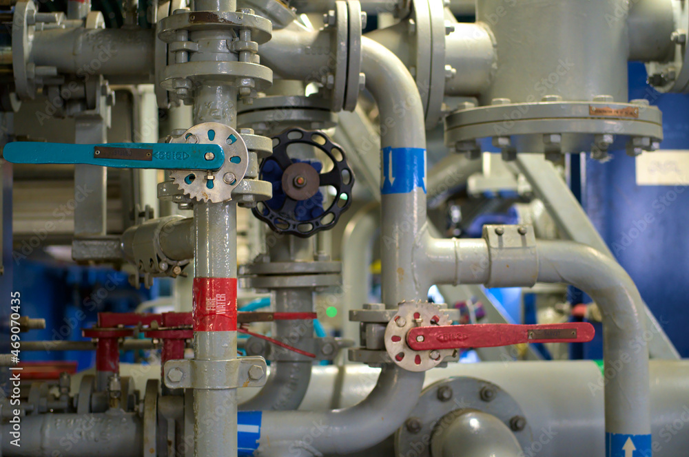 Industrial Piping and valves. Modern Ship interior - Pipe and valve ...