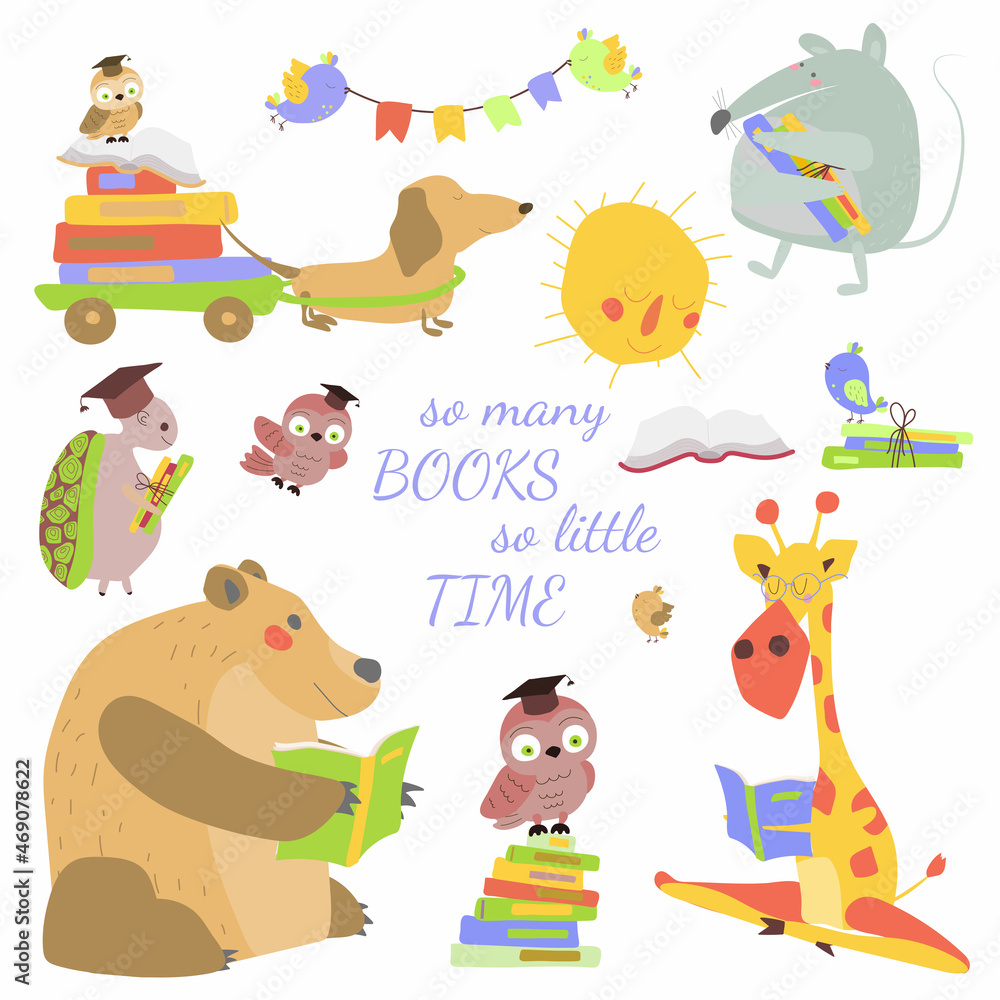 Friends animals reading books. Animals in the library reading books ...