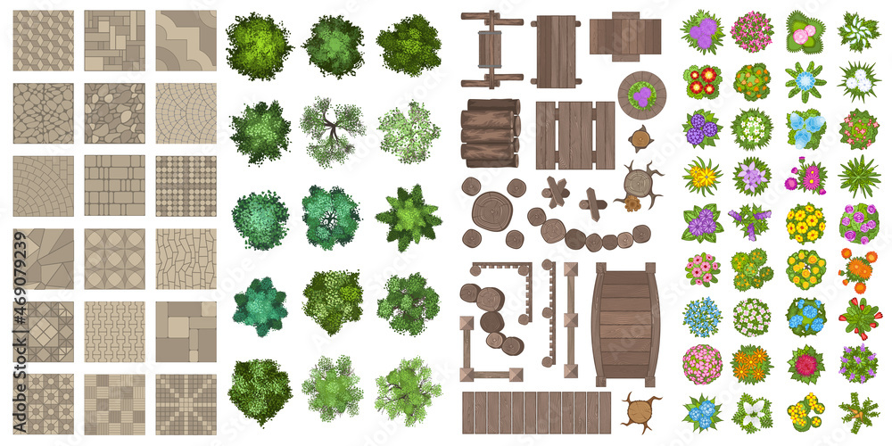 Vector set for landscape design. Outdoor furniture, pavements ...