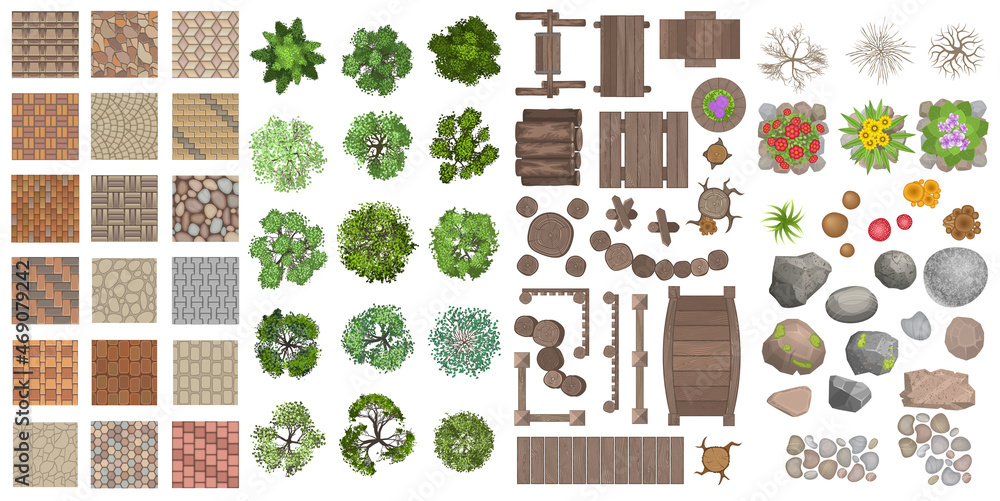 Vector set for landscape design. Pavements, architectural elements ...