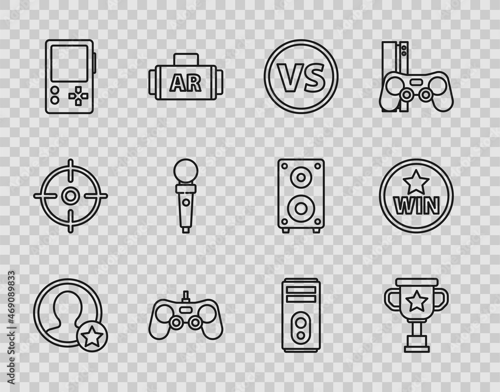 Set line Premium create account screen, Award cup, VS Versus battle, Gamepad, Portable video ...