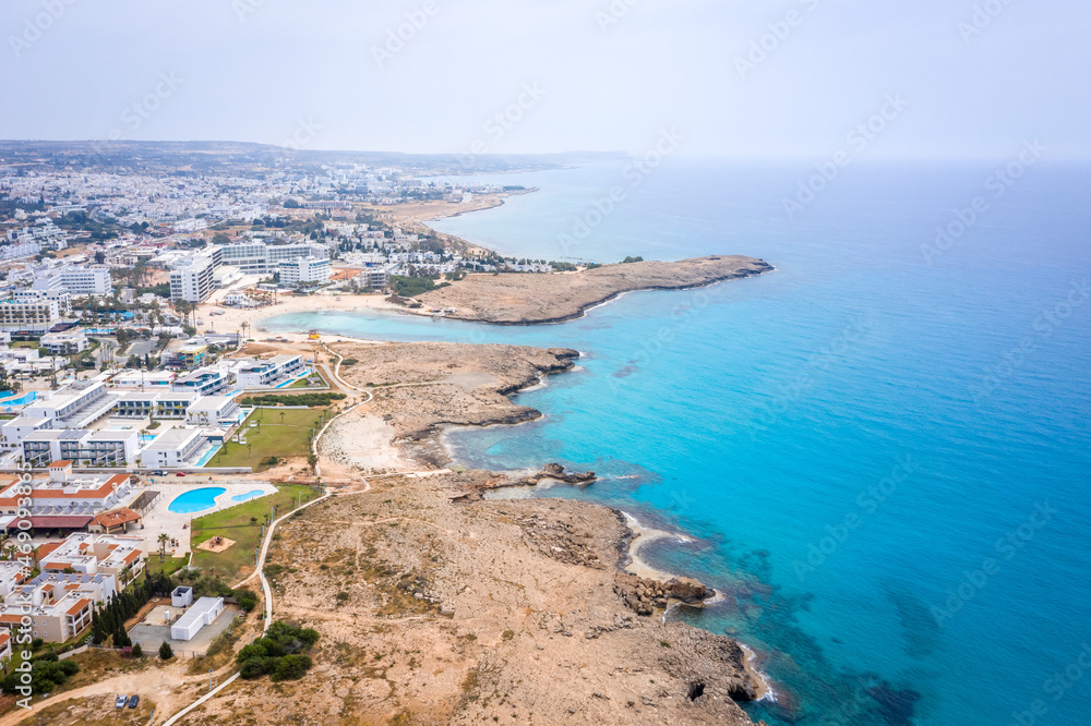 Aerial view of the most famous beaches in Cyprus - Nissi Beach. White ...