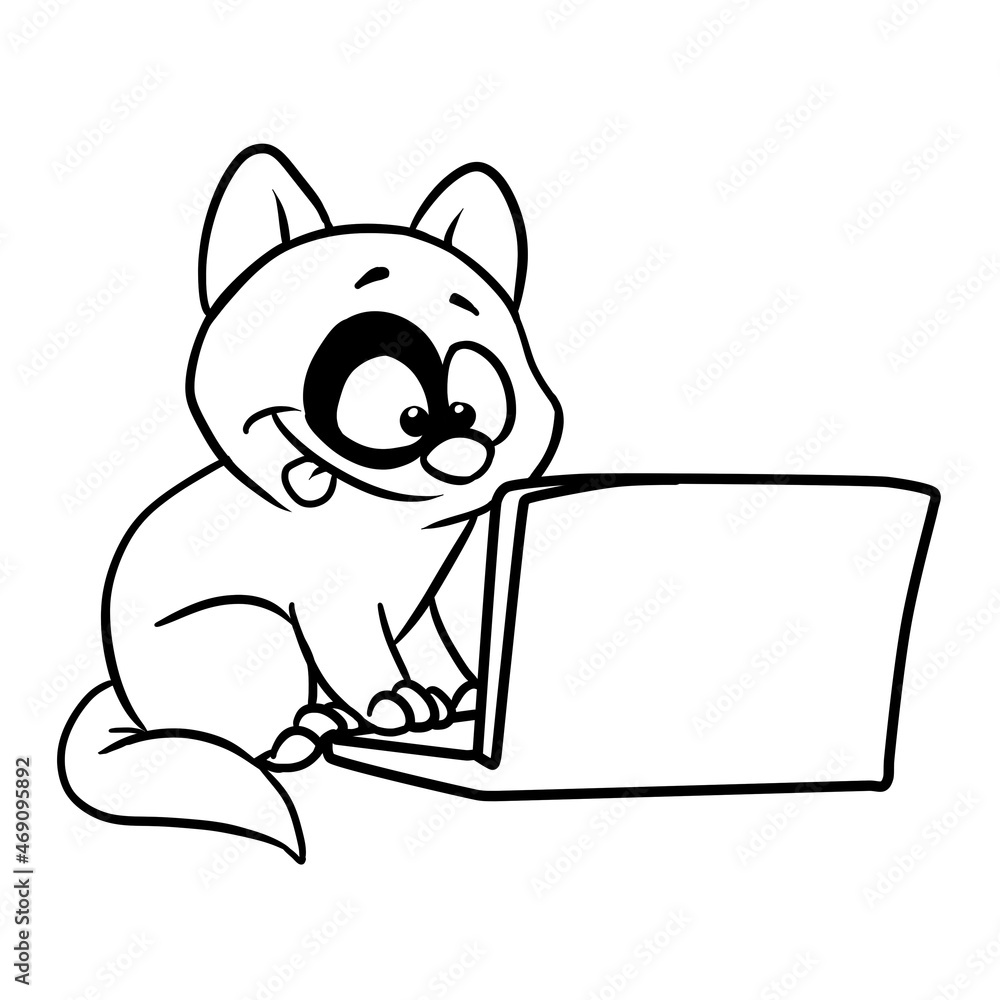 Joy cat looking computer laptop illustration cartoon coloring Stock ...
