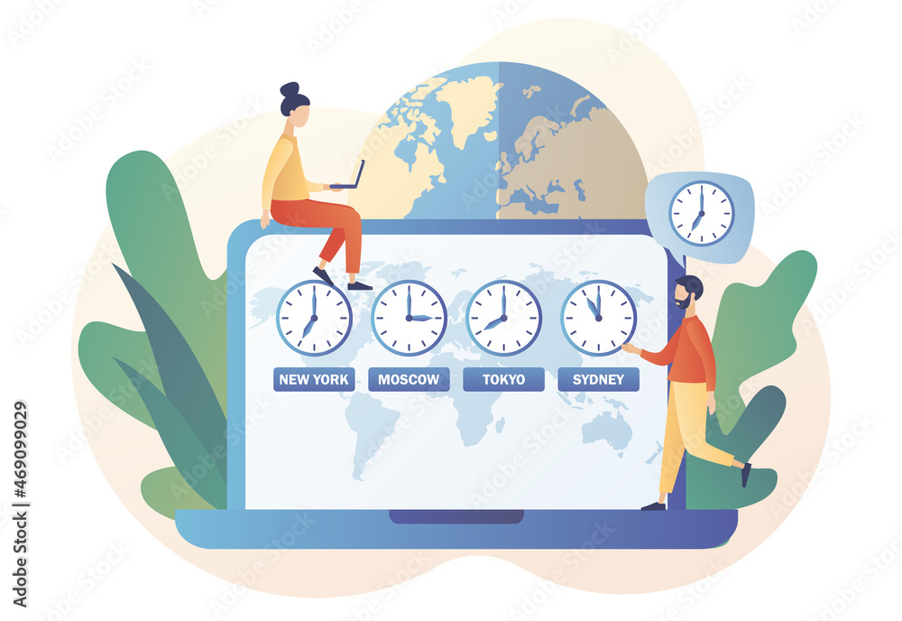 Time zones on laptop. International time and date. Clocks showing local ...