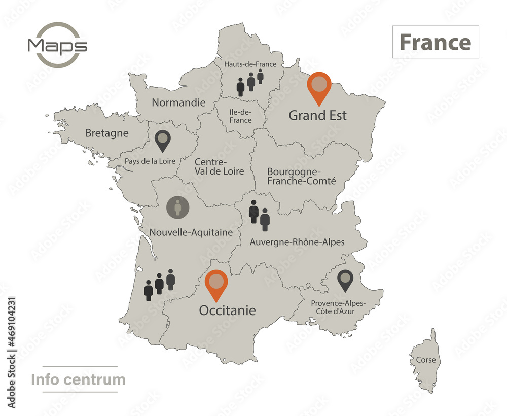 France map, individual regions with names, Infographics and icons ...