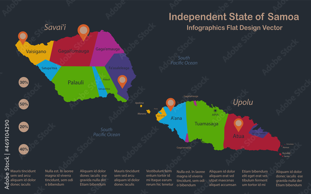 Infographics Samoa map, flat design colors, names of individual ...