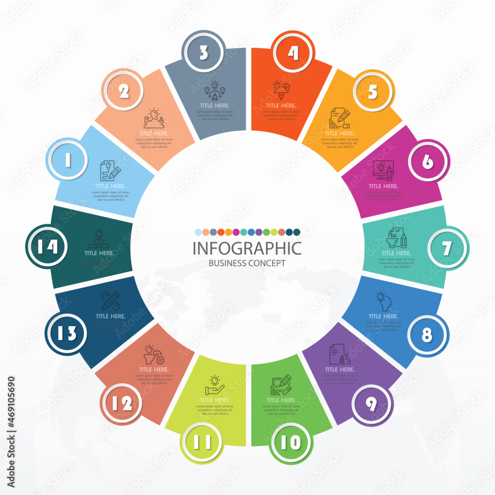 Basic circle infographic template with 14 steps, process or options ...
