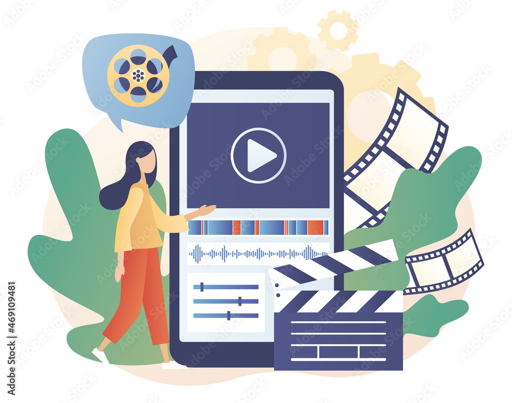 Video editor studio. Tiny woman footage editing and making multimedia ...