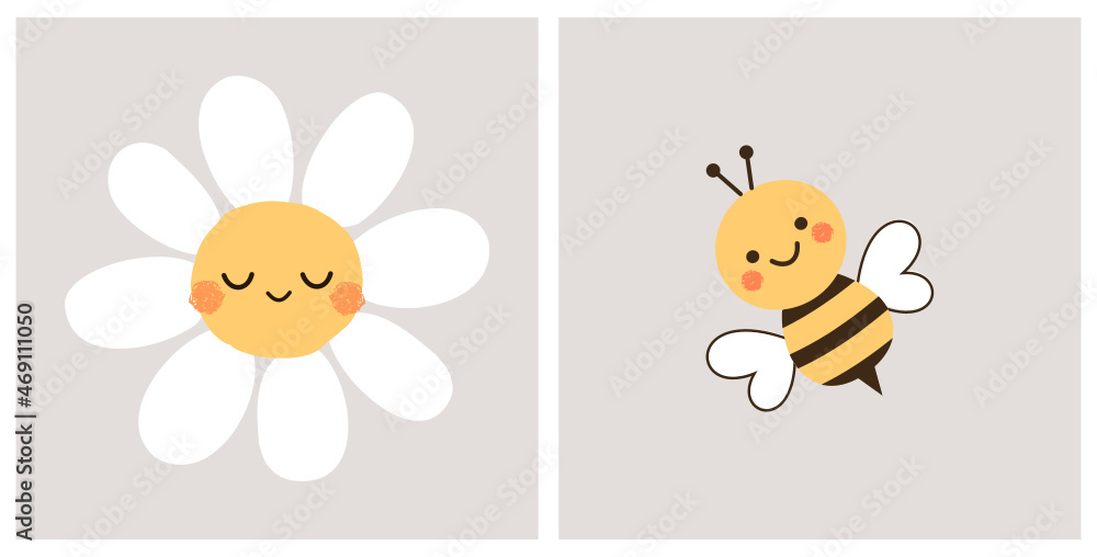 Sleeping daisy flower and bee cartoon on grey backgrounds vector ...