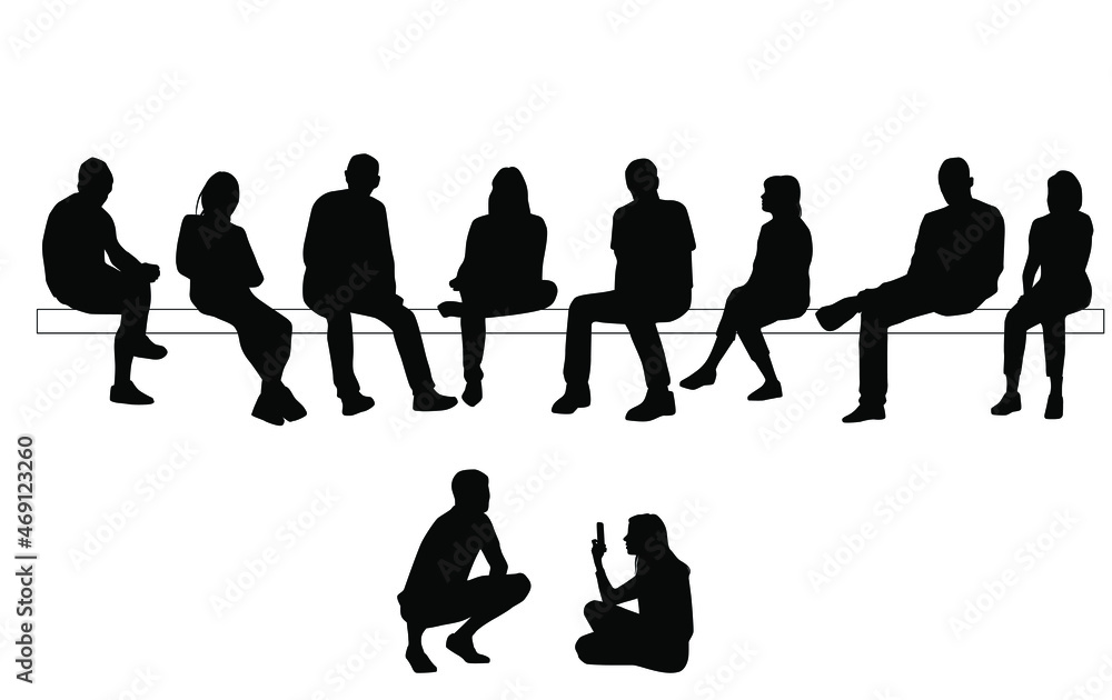 Vector silhouettes of men and a women, a group of sitting on a bench ...