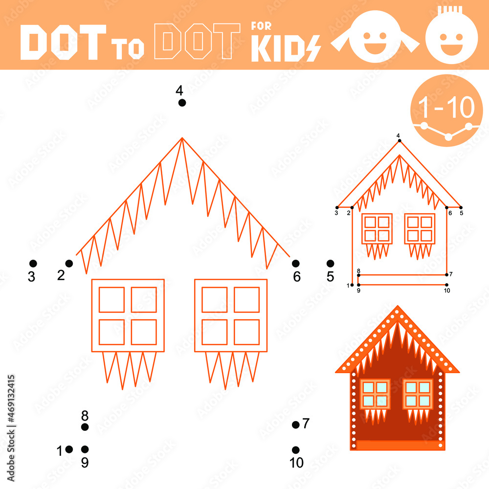 Dot to dot game. Christmas. Gingerbread house.Connect the numbers then ...