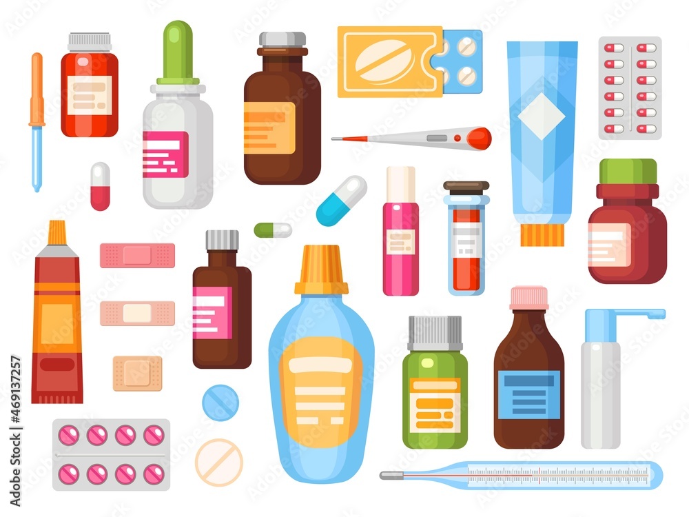 Flat medication in bottles, pills, capsules and tablets. Medical drugs ...