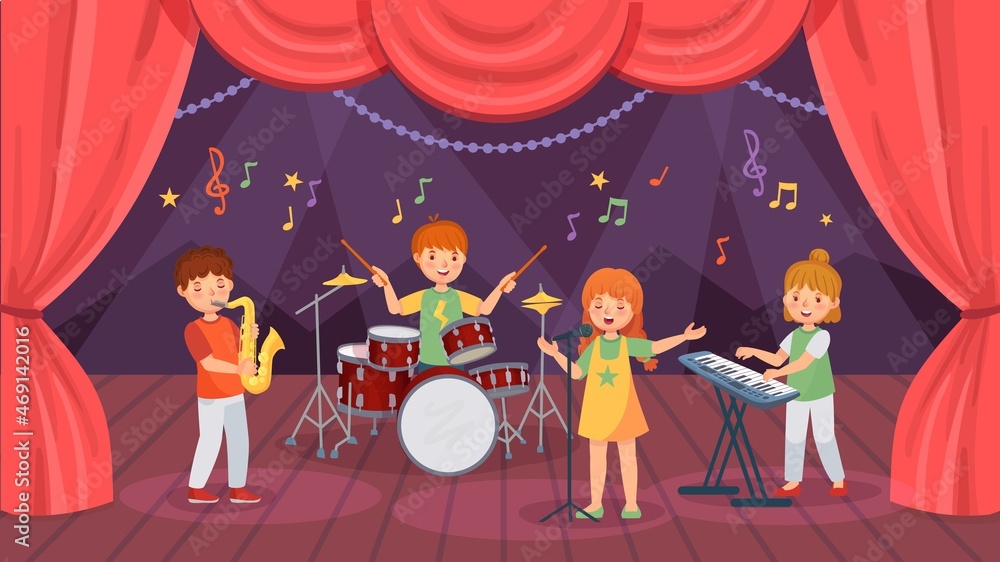 Cartoon kids music band on theatre stage with curtain. Boys playing ...
