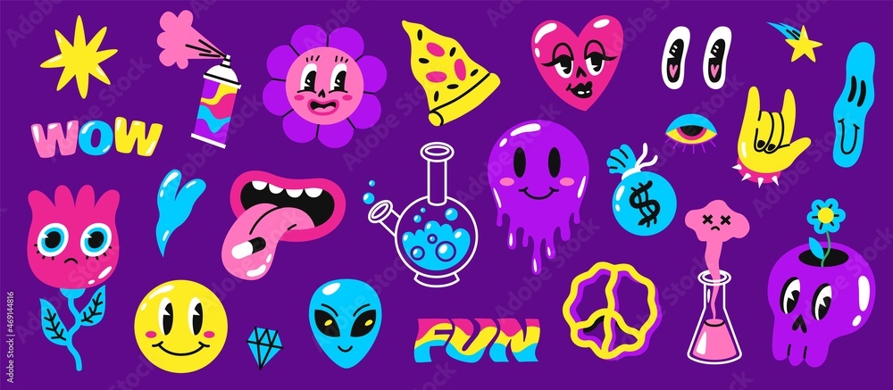 Psychedelic symbols. Weird abstract funny elements, surreal trip, 70s ...