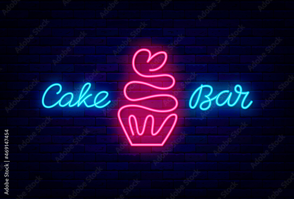 Cake bar neon label. Cupcake icon. Sweet bar. One line drawing ...